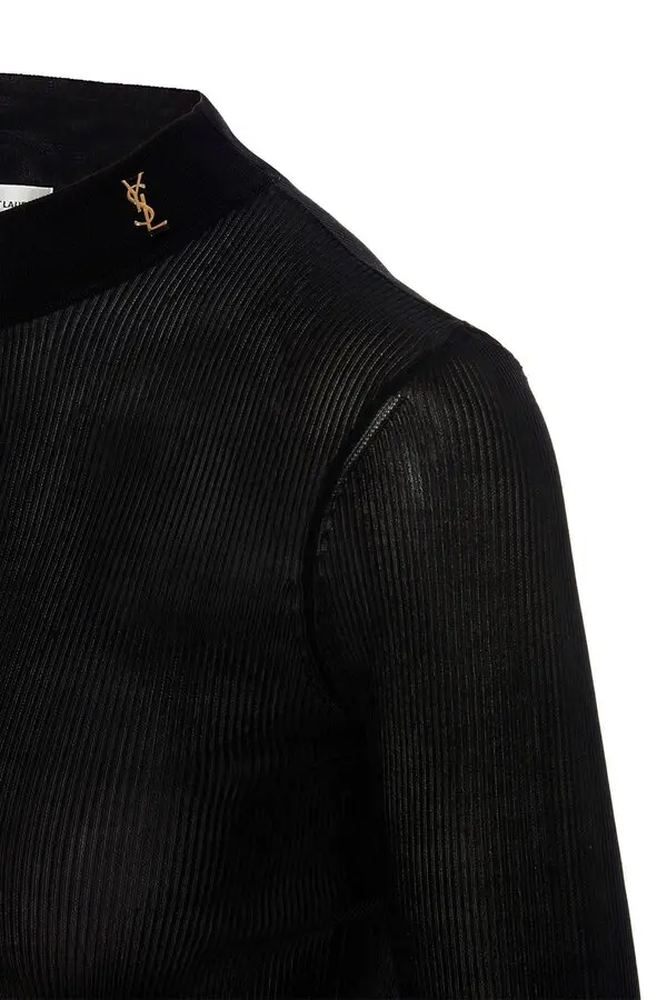 Saint Laurent Cassandre Ribbed Stand-collar Long-sleeved Blouse