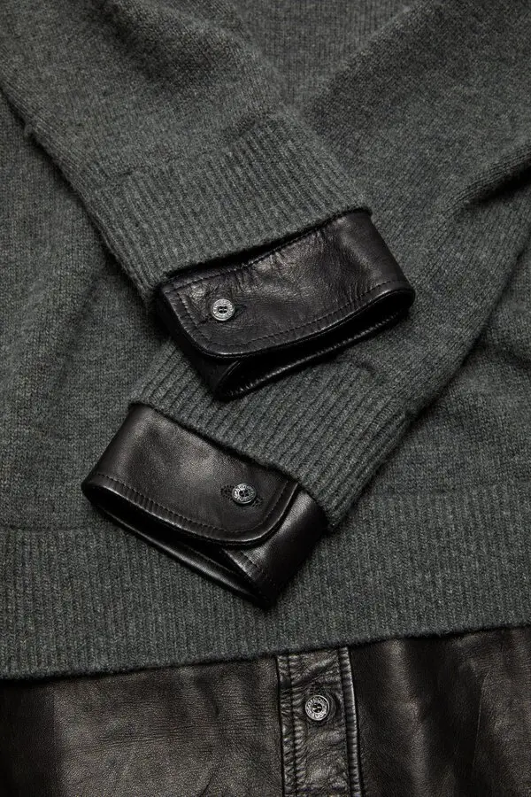 Acne Studios V-neck Sweater With Faux Two-piece Design And Leather Trim