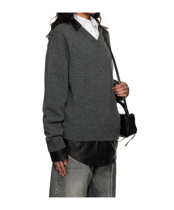 Acne Studios V-neck Sweater With Faux Two-piece Design And Leather Trim
