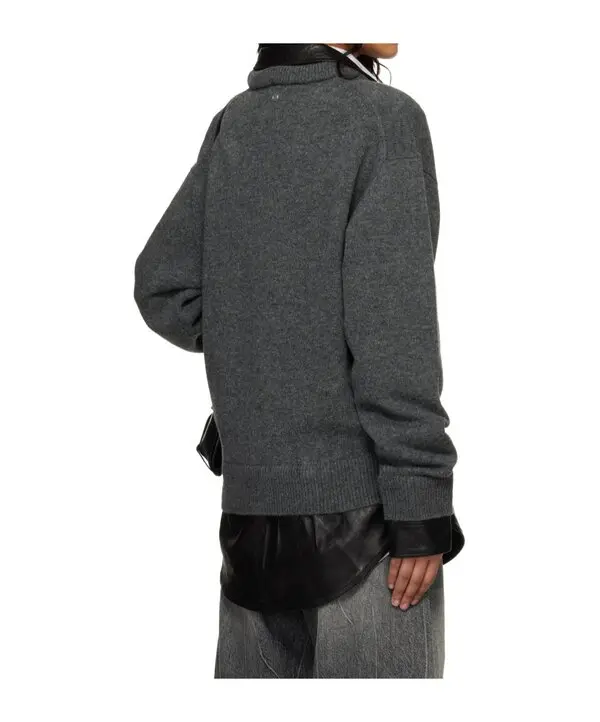 Acne Studios V-neck Sweater With Faux Two-piece Design And Leather Trim