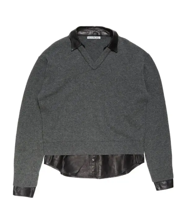 Acne Studios V-neck Sweater With Faux Two-piece Design And Leather Trim - No