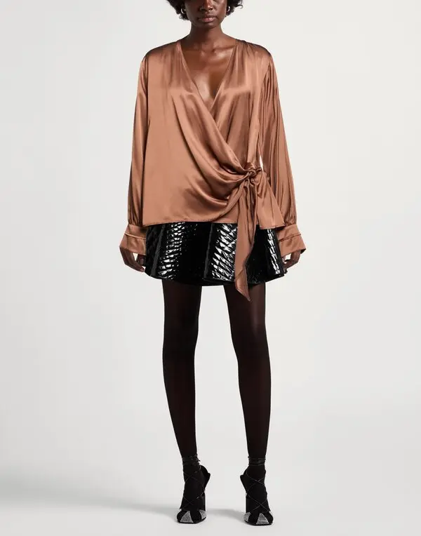 OTTOD'AME Draped Satin Wrap Top With Logo Embellishment