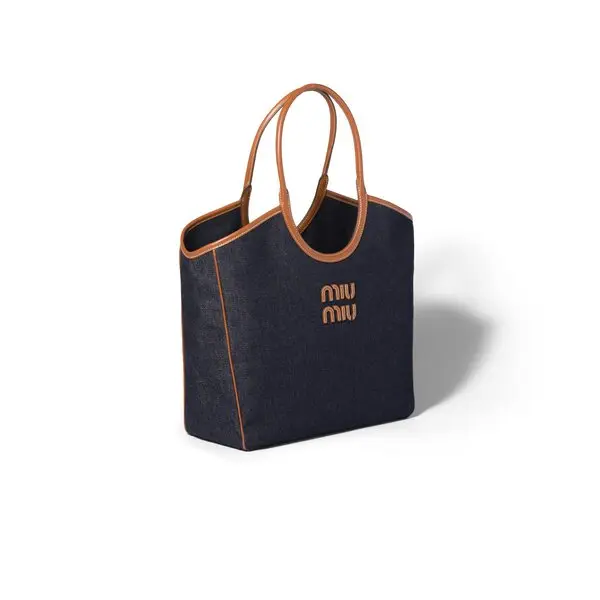 Miu Miu Denim Tote Bag With Leather Trim