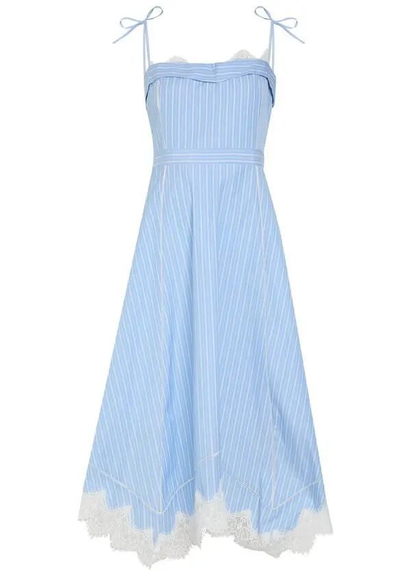 Simkhai Avaleigh Striped Lace-trimmed Cotton Midi Dress - Blue
