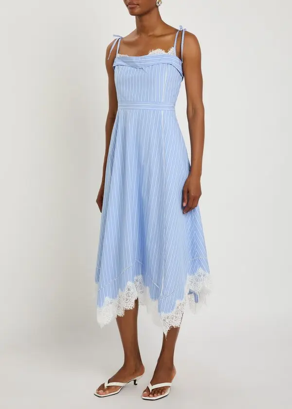 Simkhai Avaleigh Striped Lace-trimmed Cotton Midi Dress - Blue