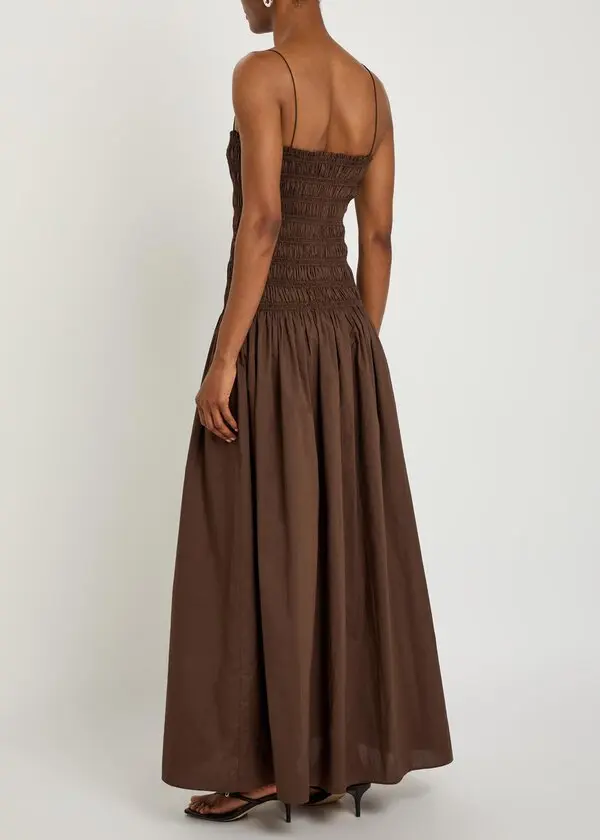 Matteau Shirred Cotton-poplin Maxi Dress - Chocolate