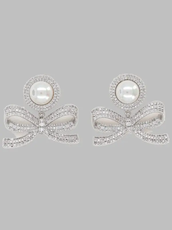 SELF-PORTRAIT Pearl, Bow, And Crystal Embellished Drop Earrings - Silver