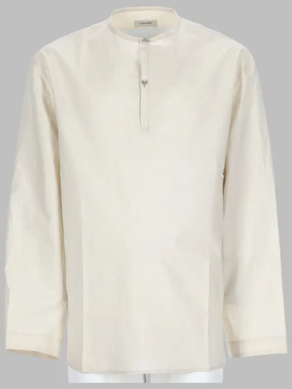 LEMAIRE Cotton Silk Blend Band Collar Shirt - Ivory