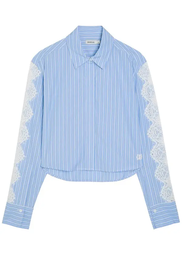 Simkhai Renata Striped Cotton-poplin Shirt With Lace Trim - Blue