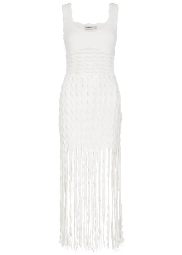 Simkhai Brionne Scalloped Knit Midi Dress With Fringe - Ivory