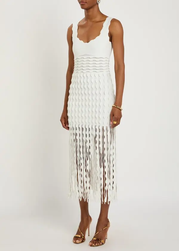 Simkhai Brionne Scalloped Knit Midi Dress With Fringe - Ivory