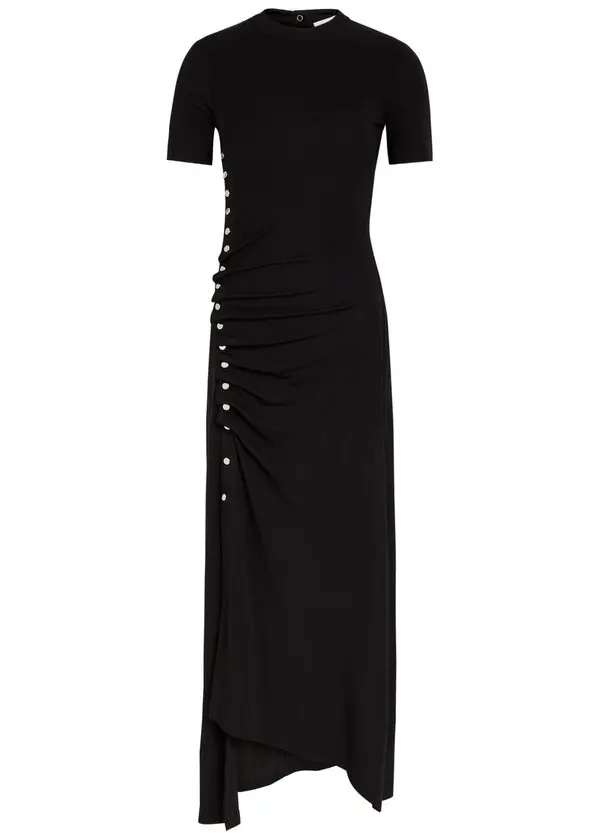 Rabanne Gathered Asymmetric Stretch-jersey Midi Dress - Black