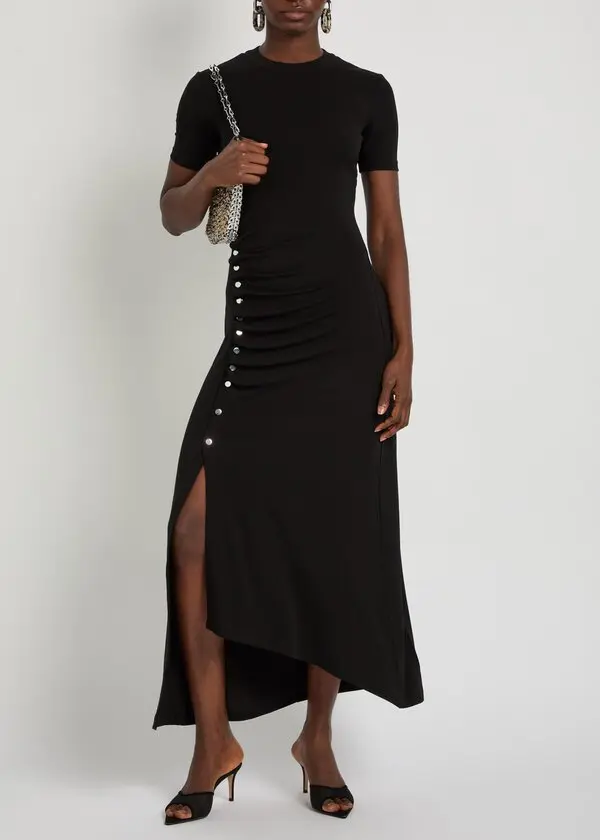 Rabanne Gathered Asymmetric Stretch-jersey Midi Dress - Black