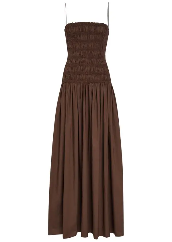 Matteau Shirred Cotton-poplin Maxi Dress - Chocolate