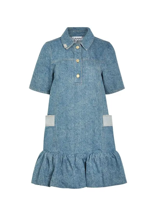 GANNI Peplum Mini Dress With Contrasting Trim And Distressed Details