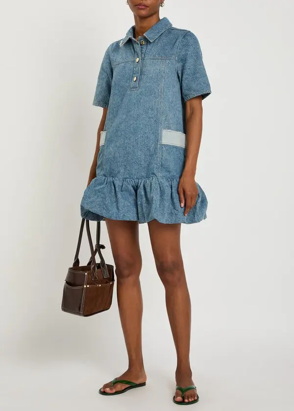 GANNI Peplum Mini Dress With Contrasting Trim And Distressed Details