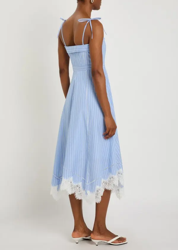 Simkhai Avalleigh" Striped Cotton Midi Dress With Lace Trims - Blue
