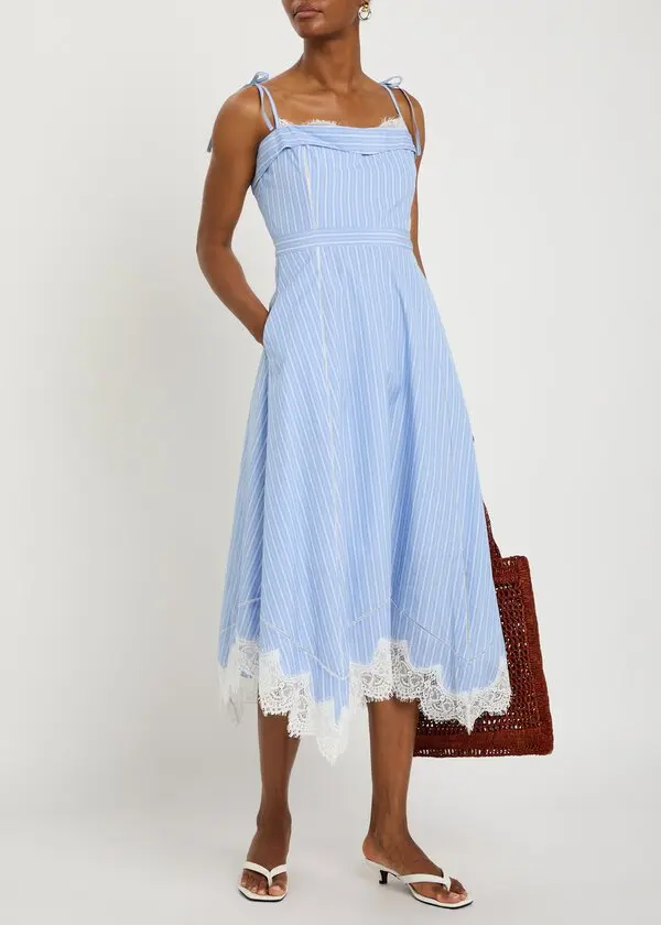 Simkhai Avalleigh" Striped Cotton Midi Dress With Lace Trims - Blue