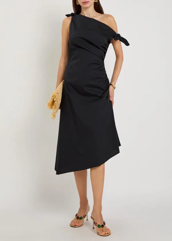 Staud Bellaria Ruched Stretch-cotton Midi Dress