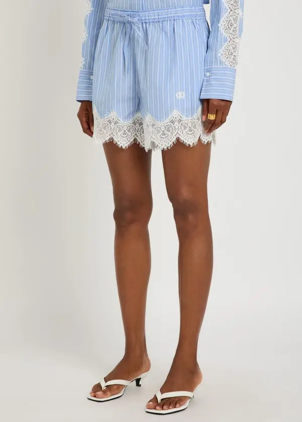 Simkhai Emmie Striped Lace-trim Cotton-poplin Shorts - Blue
