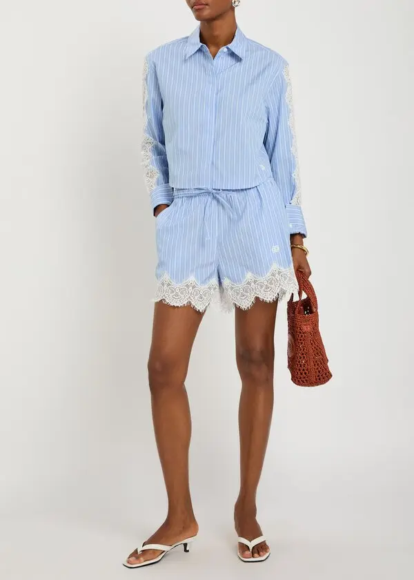 Simkhai Emmie Striped Lace-trim Cotton-poplin Shorts - Blue