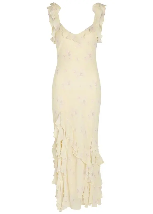 LoveShackFancy Roseline Floral Print Georgette Maxi Dress - Yellow