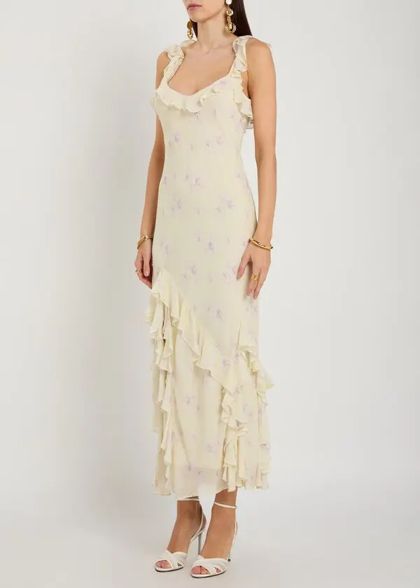 LoveShackFancy Roseline Floral Print Georgette Maxi Dress - Yellow