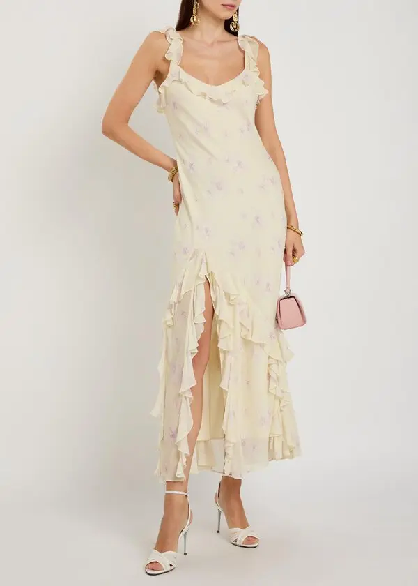 LoveShackFancy Roseline Floral Print Georgette Maxi Dress - Yellow