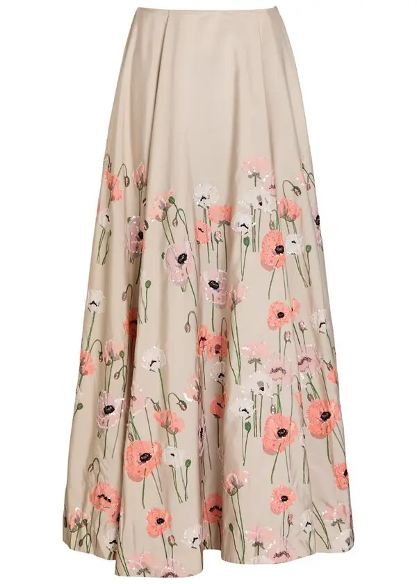 Bernadette Floral-embellished Satin-poplin Maxi Skirt - Beige