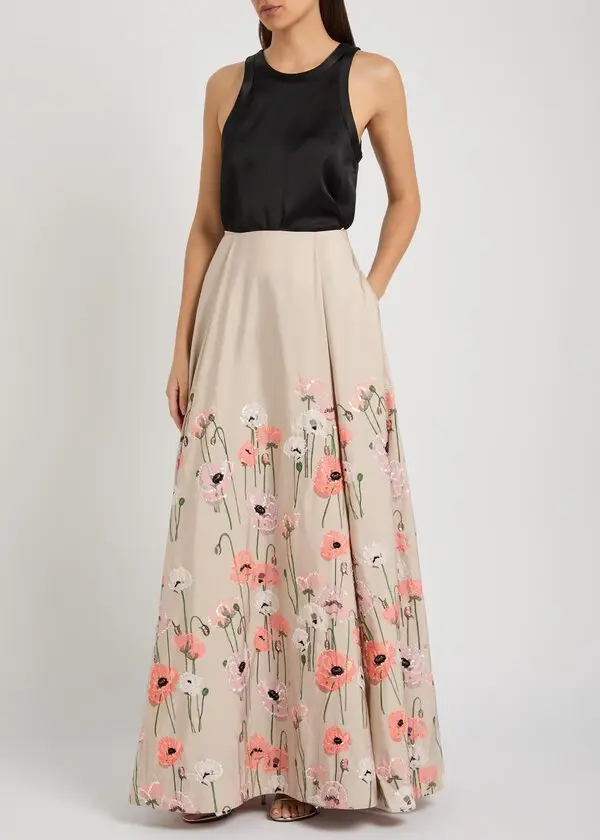 Bernadette Floral-embellished Satin-poplin Maxi Skirt - Beige