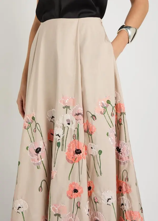 Bernadette Floral-embellished Satin-poplin Maxi Skirt - Beige