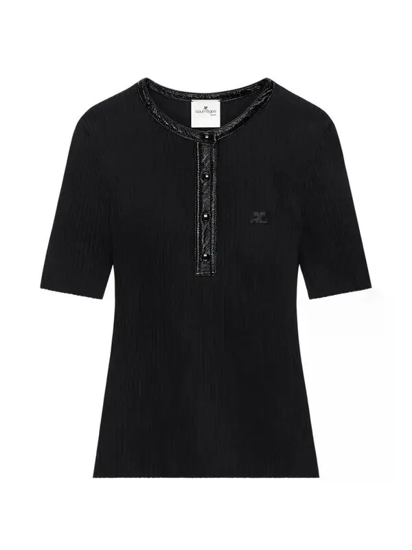 COURREGES Ribbed Knit T-shirt With Vinyl Trim - Black