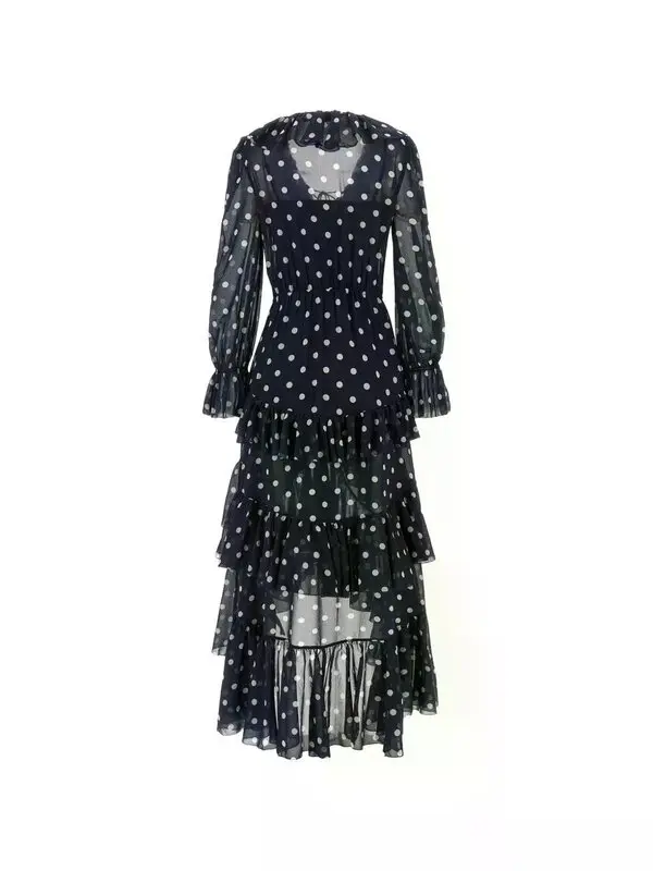 SELF-PORTRAIT Polka-dot Ruffled Asymmetric Dress - Blue