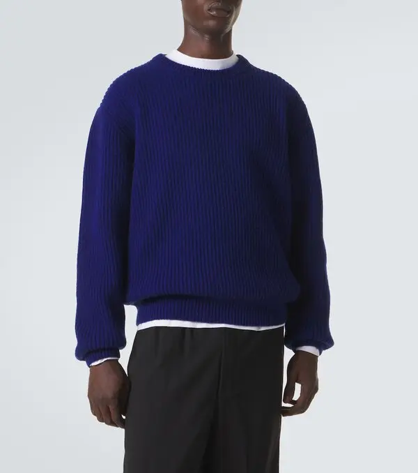 JIL SANDER Ribbed Crewneck Wool Sweater - Blue