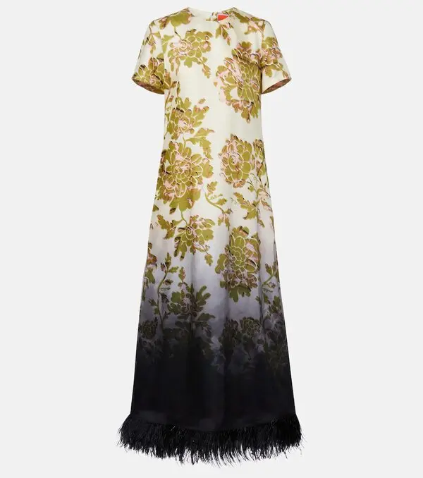 La DoubleJ Swing Feather-trimmed Floral Silk Twill Maxi Dress - Multicoloured