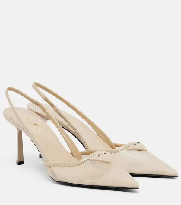 Prada Leather-trimmed Mesh Slingback Pumps - Beige