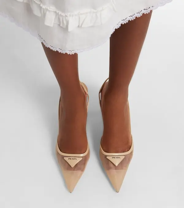 Prada Leather-trimmed Mesh Slingback Pumps - Beige