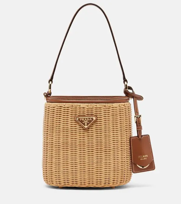 Prada Wicker Bucket Bag With Leather Trim