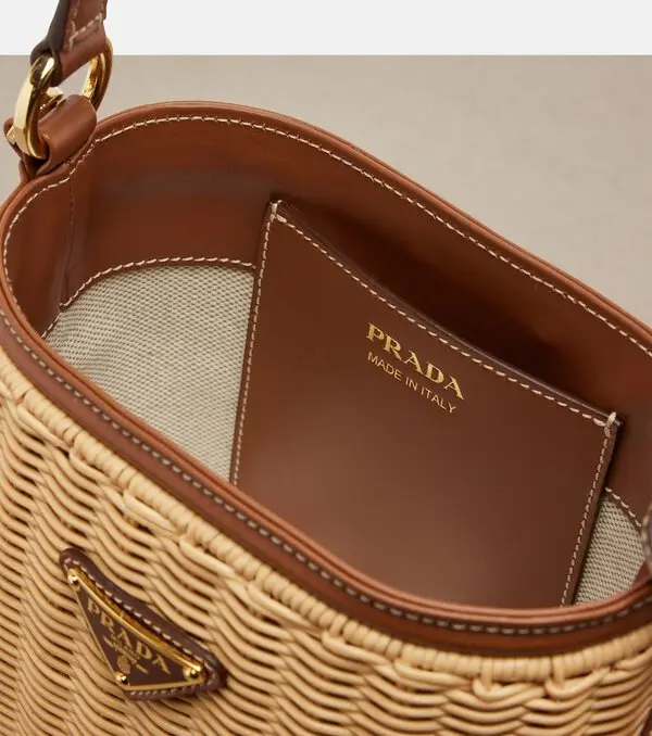 Prada Wicker Bucket Bag With Leather Trim