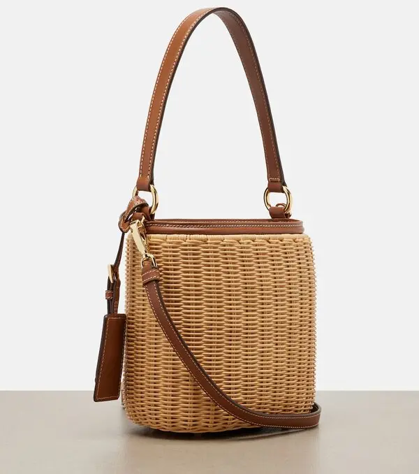 Prada Wicker Bucket Bag With Leather Trim