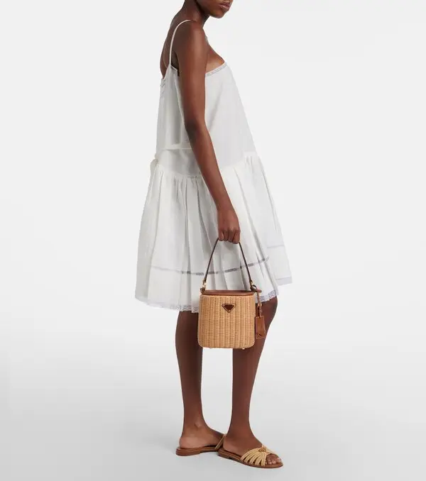 Prada Wicker Bucket Bag With Leather Trim