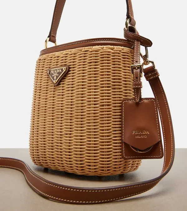 Prada Wicker Bucket Bag With Leather Trim