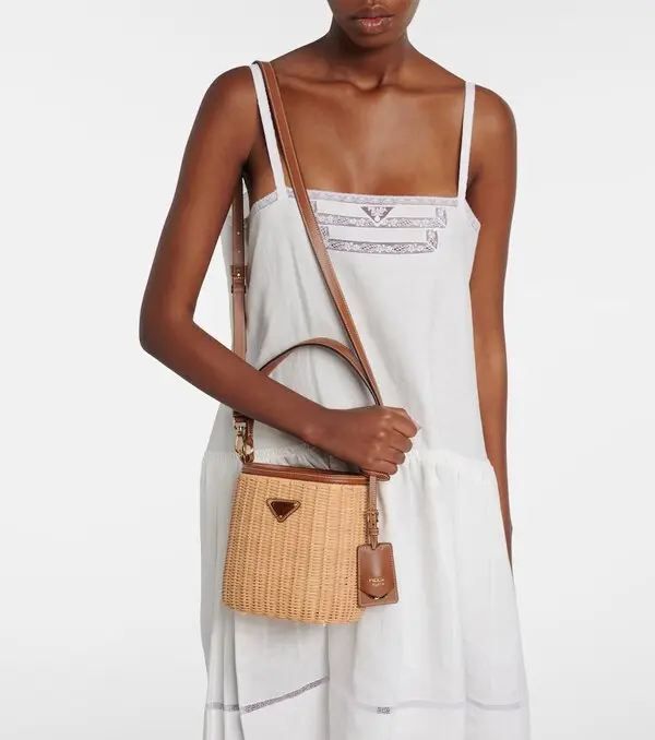 Prada Wicker Bucket Bag With Leather Trim