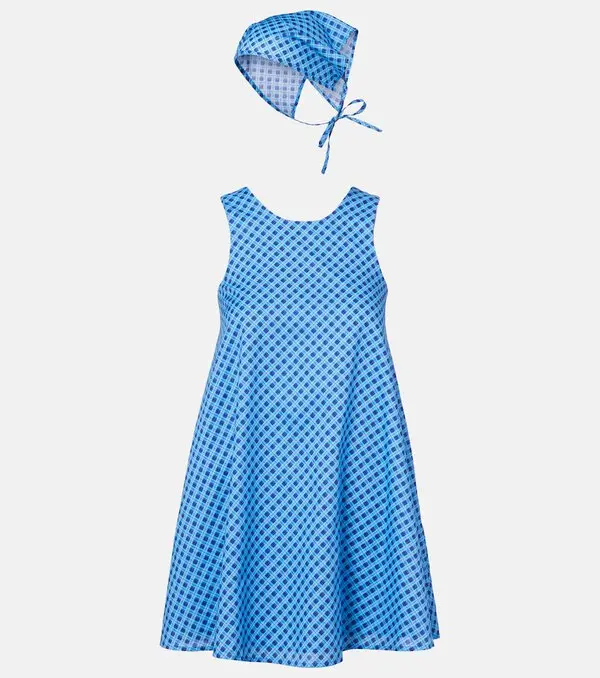 MONTCE Plaid Cotton Mini Dress And Scarf Set - Blue