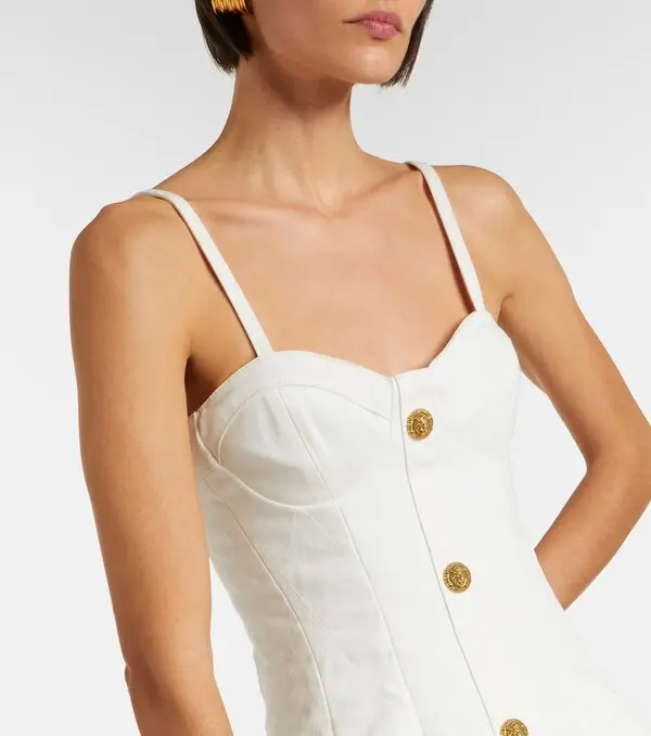 Balmain Denim Mini Dress With Gold Hardware - White