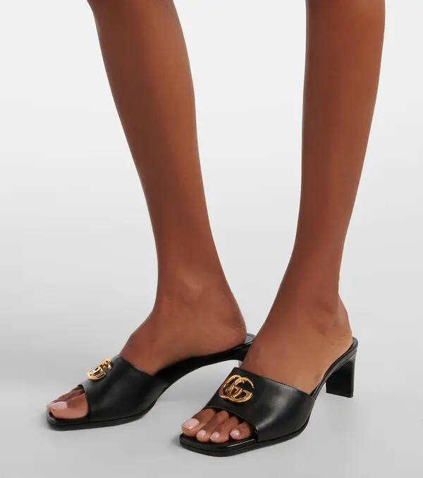 Gucci Double G Leather Mules - Black