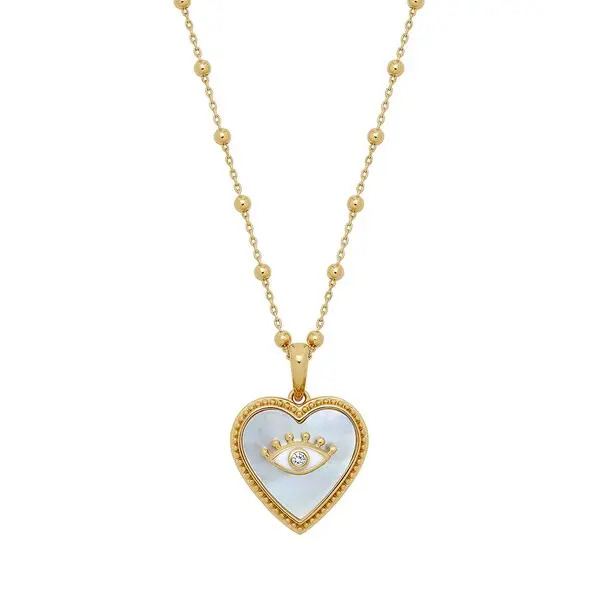 KARMA AND LUCK White Mother Of Pearl Heart & Evil Eye Necklace - Gold