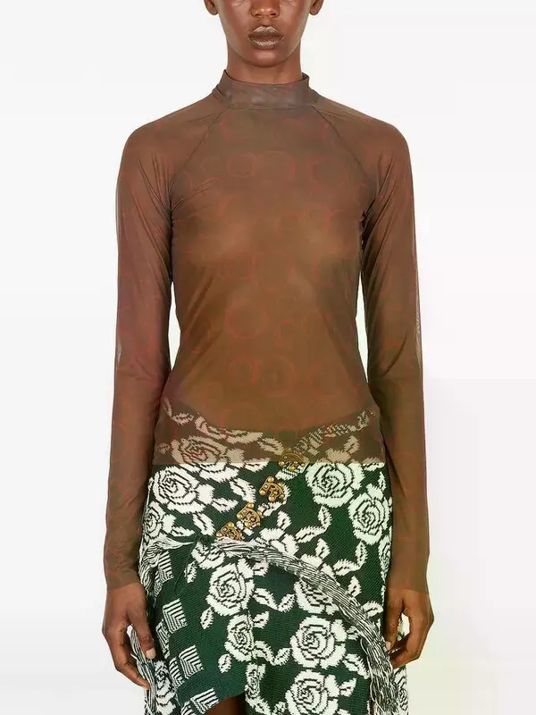 LOUISE LYNGH BJERREGAARD Sheer Graphic Logo Mock Neck Top - Brown