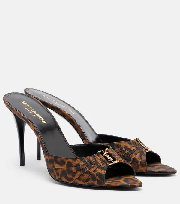 Saint Laurent Babylone Cassandre Grosgrain Mules In Leopard Print - Brown