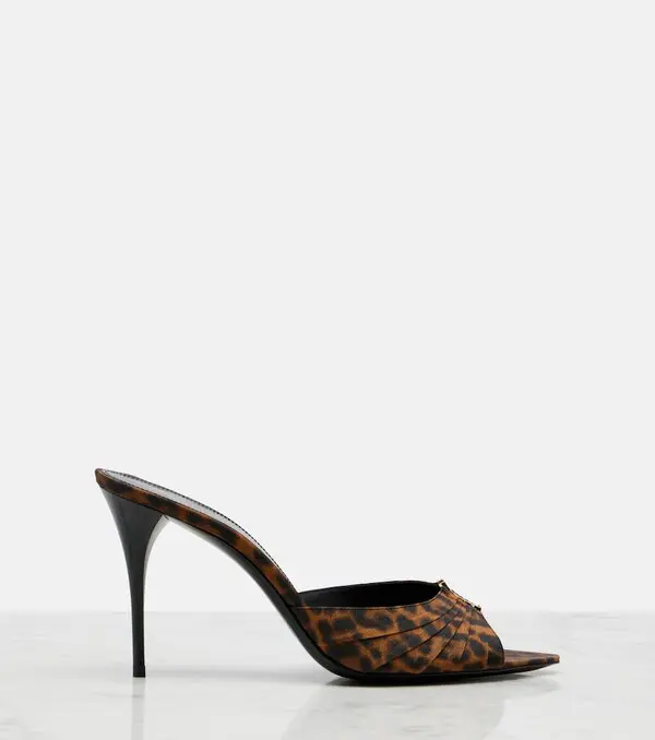 Saint Laurent Babylone Cassandre Grosgrain Mules In Leopard Print - Brown